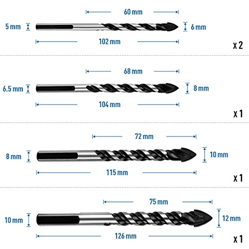 QWORK 5 Pcs Set (6, 6, 8, 10, 12mm) Multi-Material Drill Bit Set for Tile,Concrete, Brick, Glass, Plastic and Wood Tungsten Carbide Tip Best for Wall Mirror and Ceramic Tile on Concrete and Brick Wall
