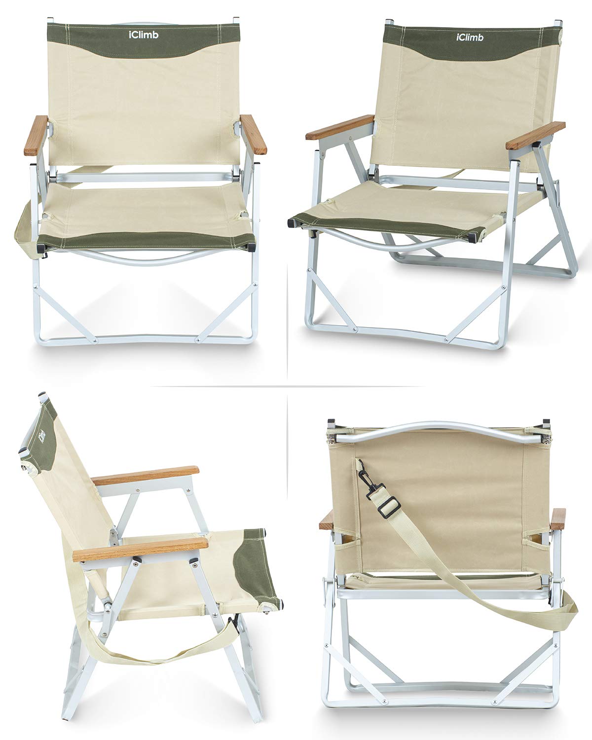 iClimb Ultralight Low Beach Concert Camping Folding Chair with Handle and Shoulder Strap (Beige - 2PC)
