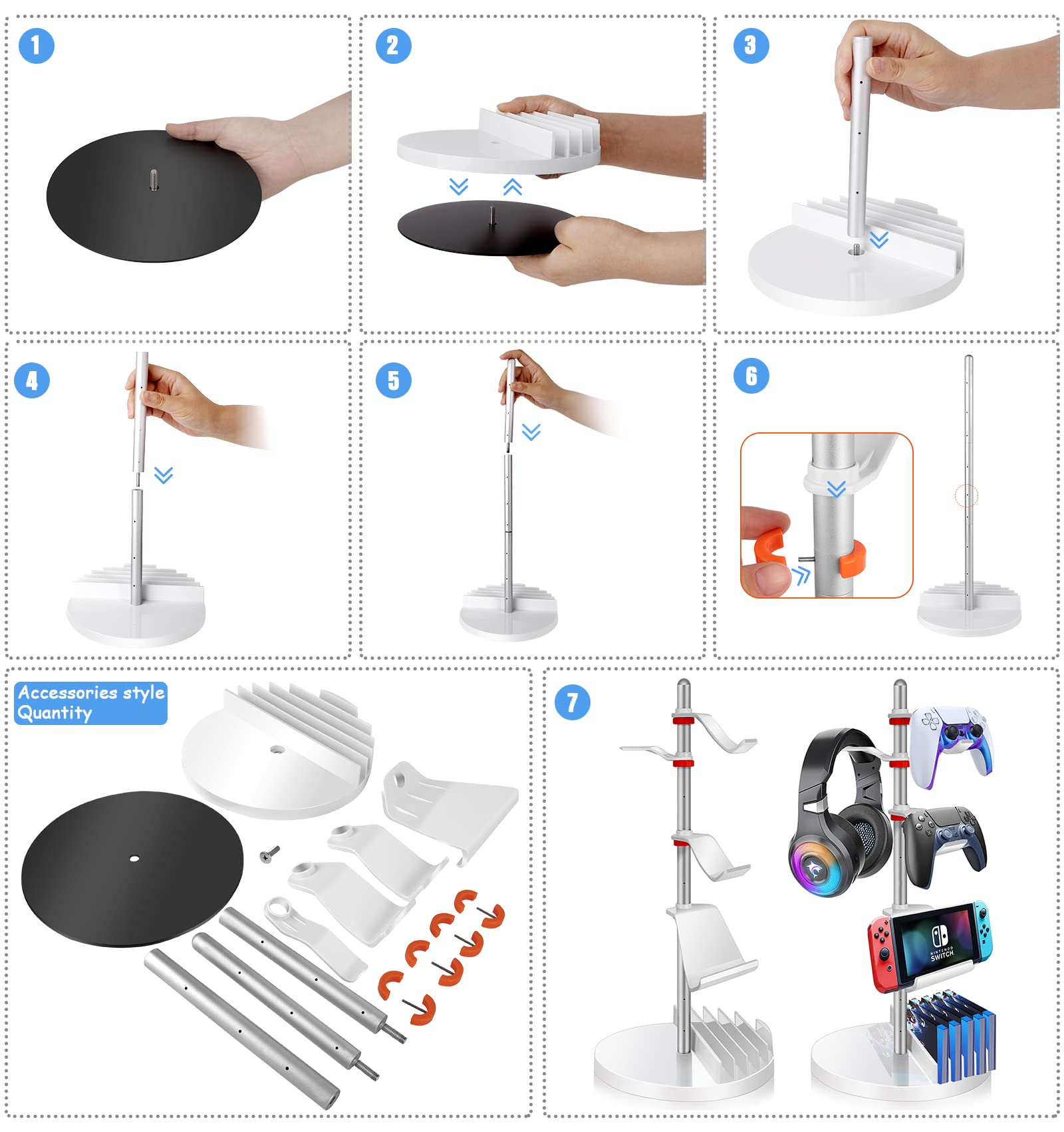 Headphone Stand,Adjustable Controller Holder & Headset Stand for Desk,Aluminum & Thickened ABS Controller Stand Mount Compatible with Nintendo Switch,Xbox,PS5,CD,iPad,PC Gaming Accessories,White