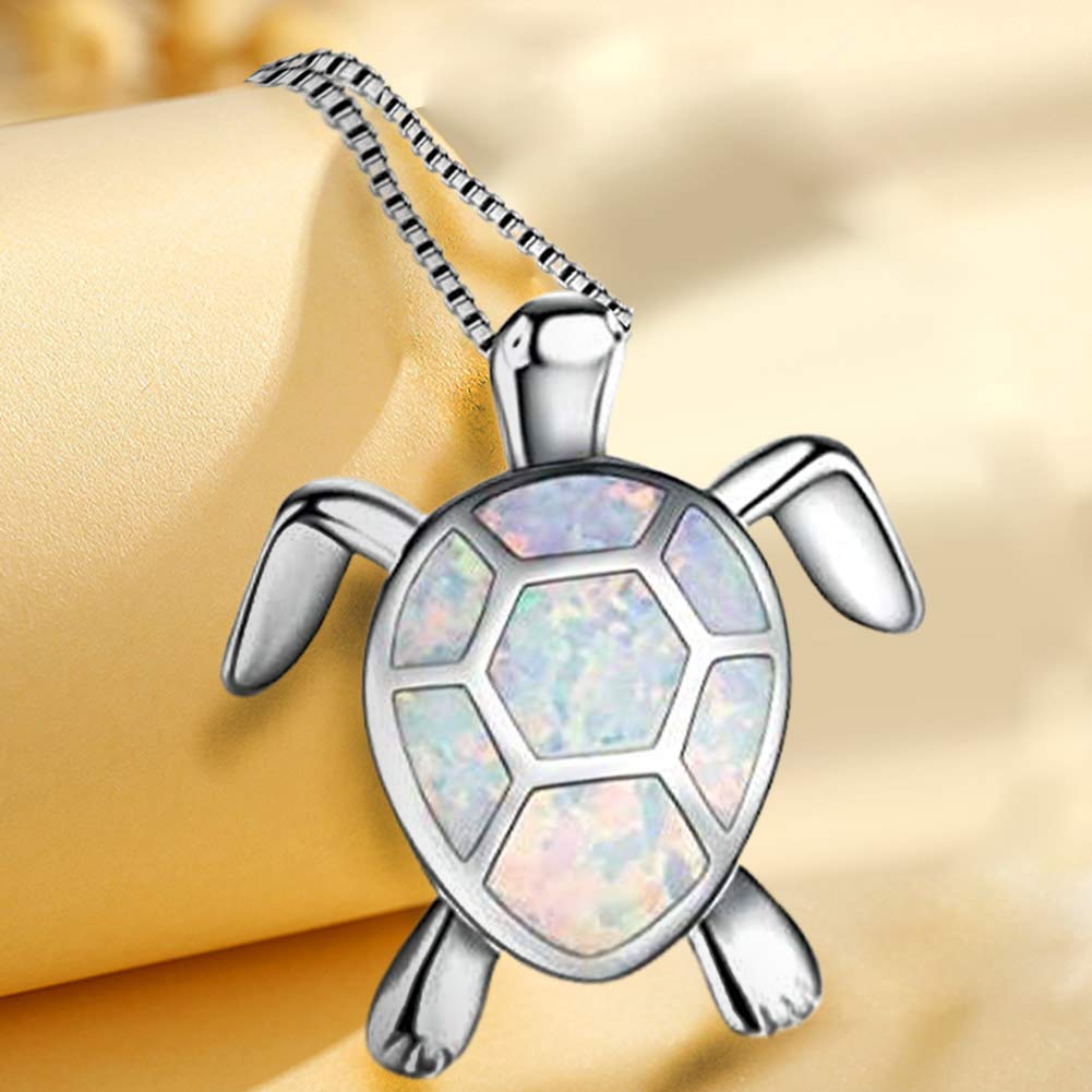 Hithop Cute Turtle Pendant Necklace Lovely Animals White Fire Opal Plated Silver Necklace Jewellery Gifts (White)