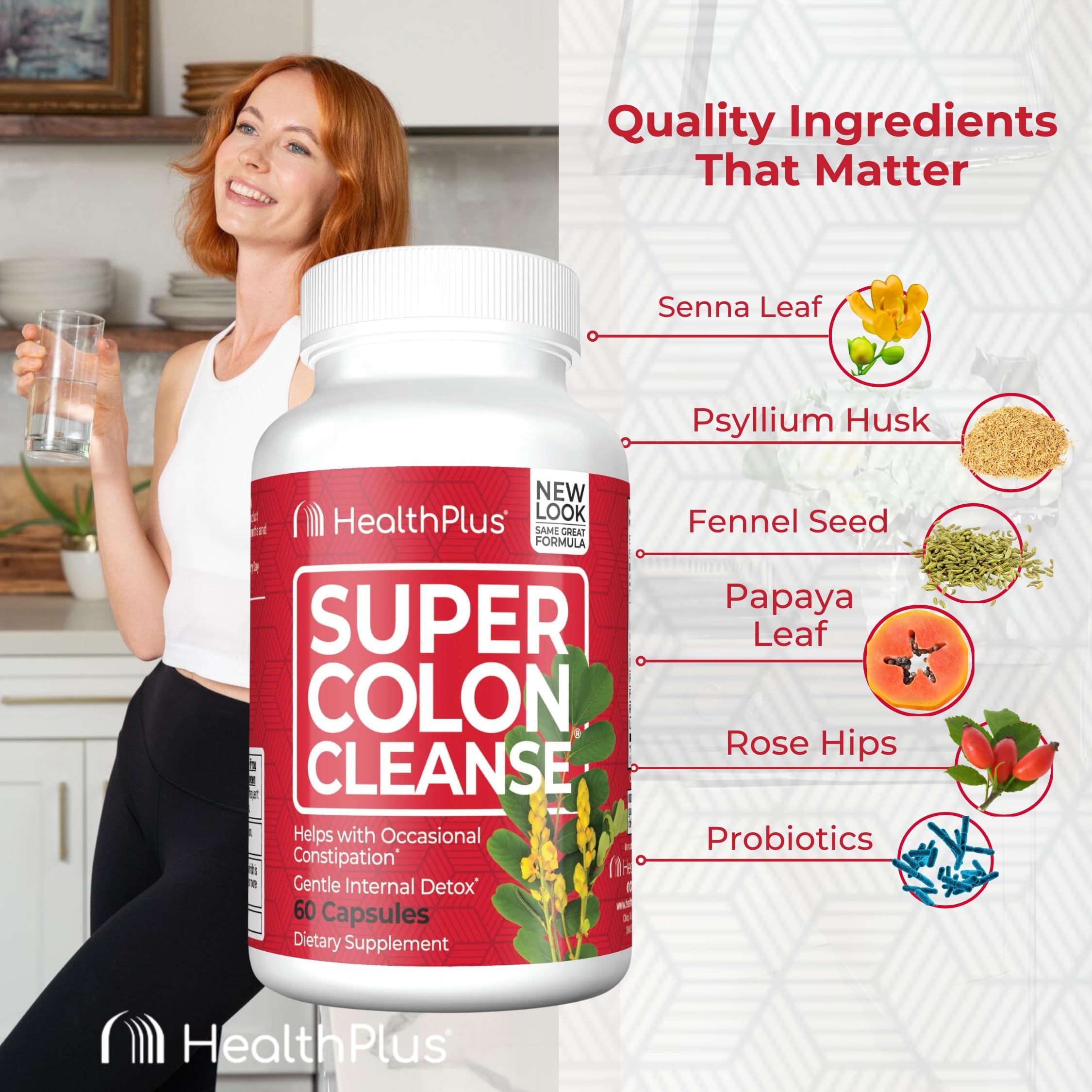 Health Plus Super Colon Cleanse 10 Day Gentle Gut Cleanse Detox, Psyllium Husk, Probiotics for Constipation Relief & Digestive Support, 60 Capsules