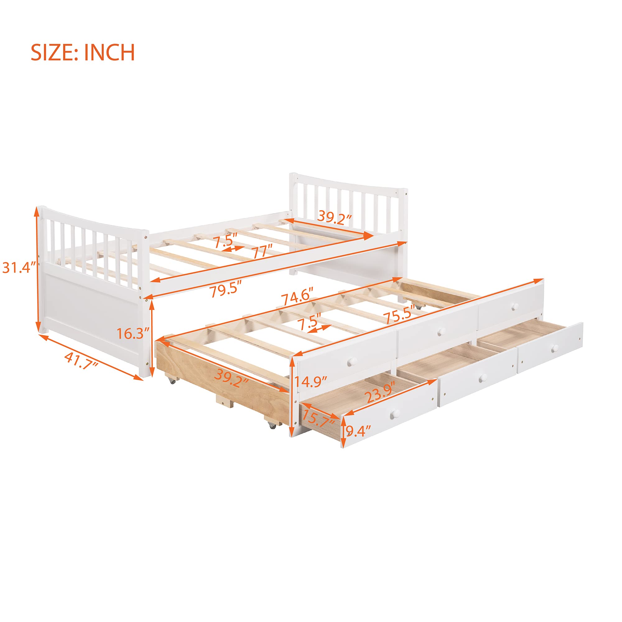 Harper & Bright Designs Twin Captain’s Bed with Trundle and Drawers, Wooden Daybed with Storage Twin Platform Bed Frame for Kids Guests (Twin Size, White), HJH-LP241AAK