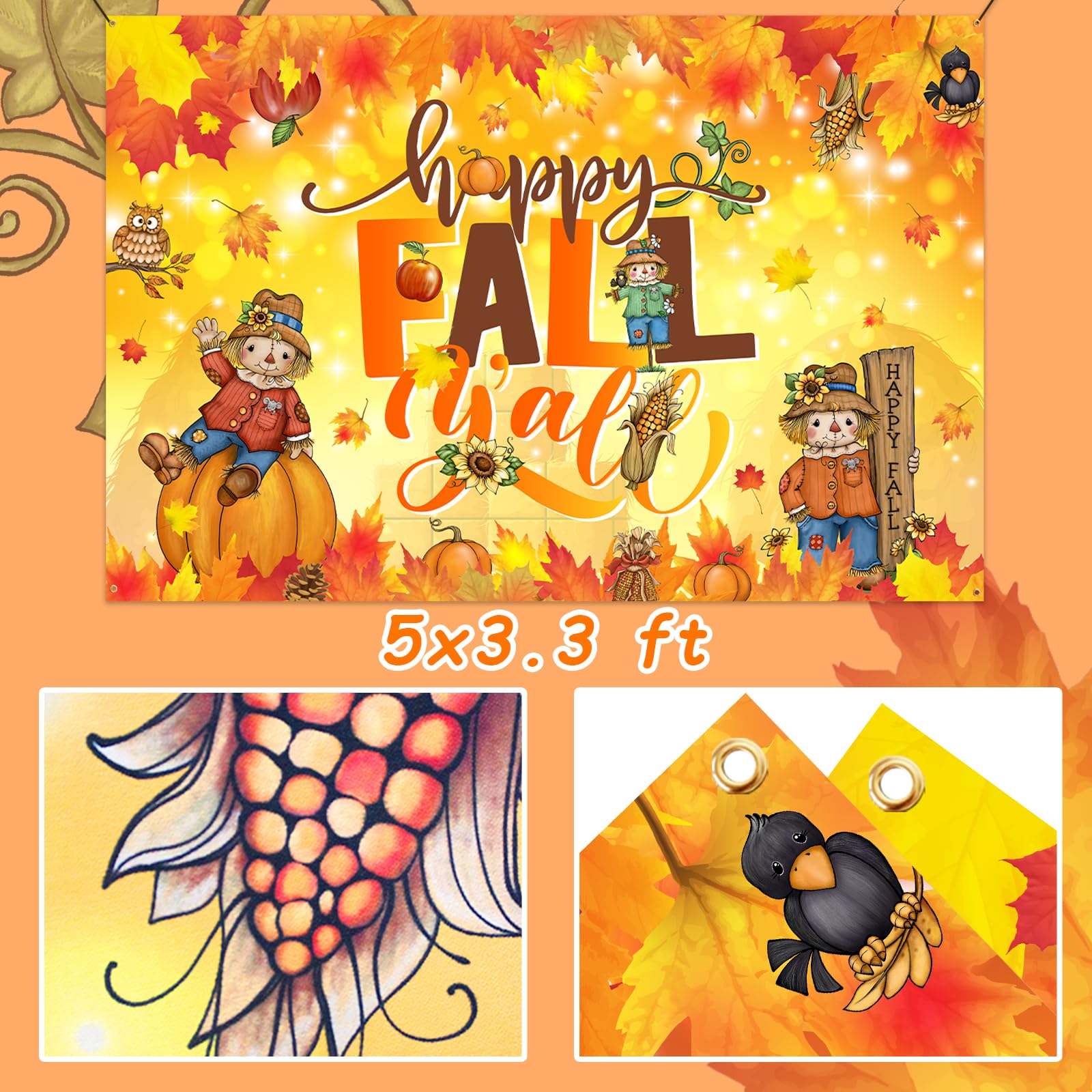 Happy Fall Y'all Backdrop-Scarecrow Party Decorations Thanksgiving Maple Leaves Pumpkin Banner Photo Background for Autumn Decor