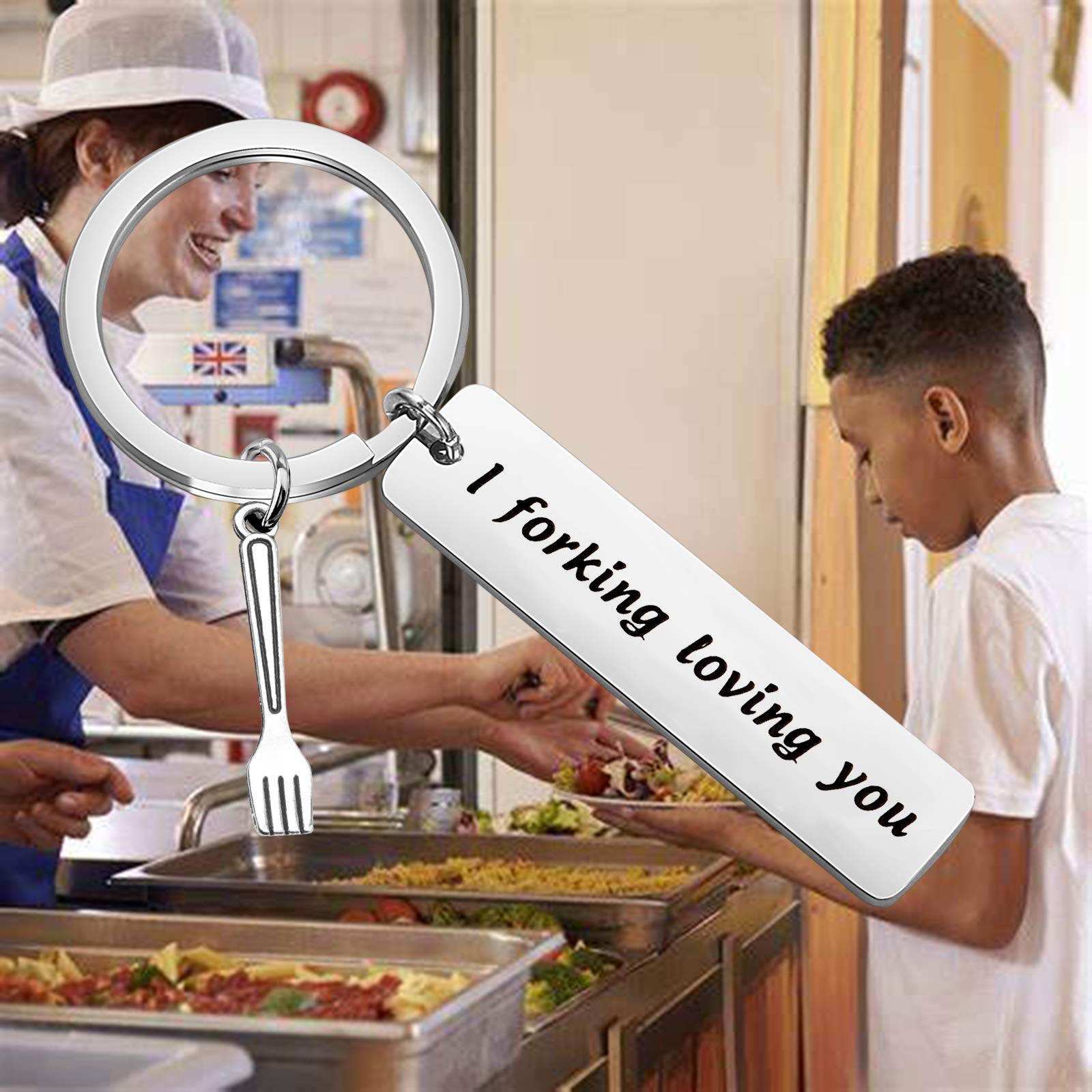 HOLLP Lunch Lady Keychain Gift Lunch Lady Jewelry I Forking Love You Keychain Gift for Lunch Lady Cooker Cafeteria Worker Buffet Workers (Keychain)