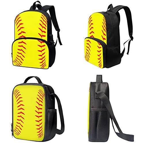 Suobstales Softball Print Backpack for Girls Kids Elementary Kindergarten Preschool School Bookbag with Lunch Box Pencil Case 3Pcs Set School Bag Lightweight Daypack Bagpack