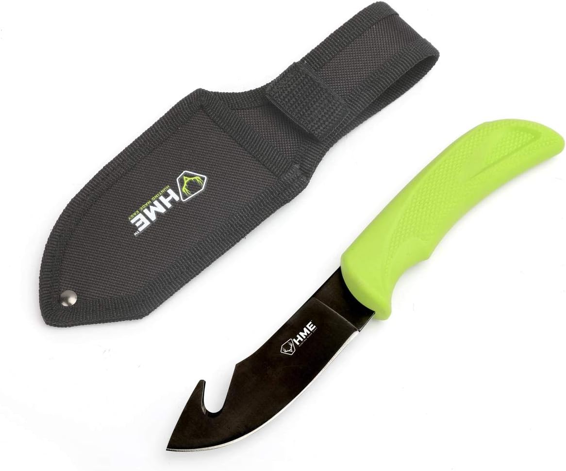 HME Fixed Stainless Steel 3.5" Black Oxide Blade with Gut Hook Knife with Heavy-Duty Nylon Sheath for Hunting, Camping, Backpacking