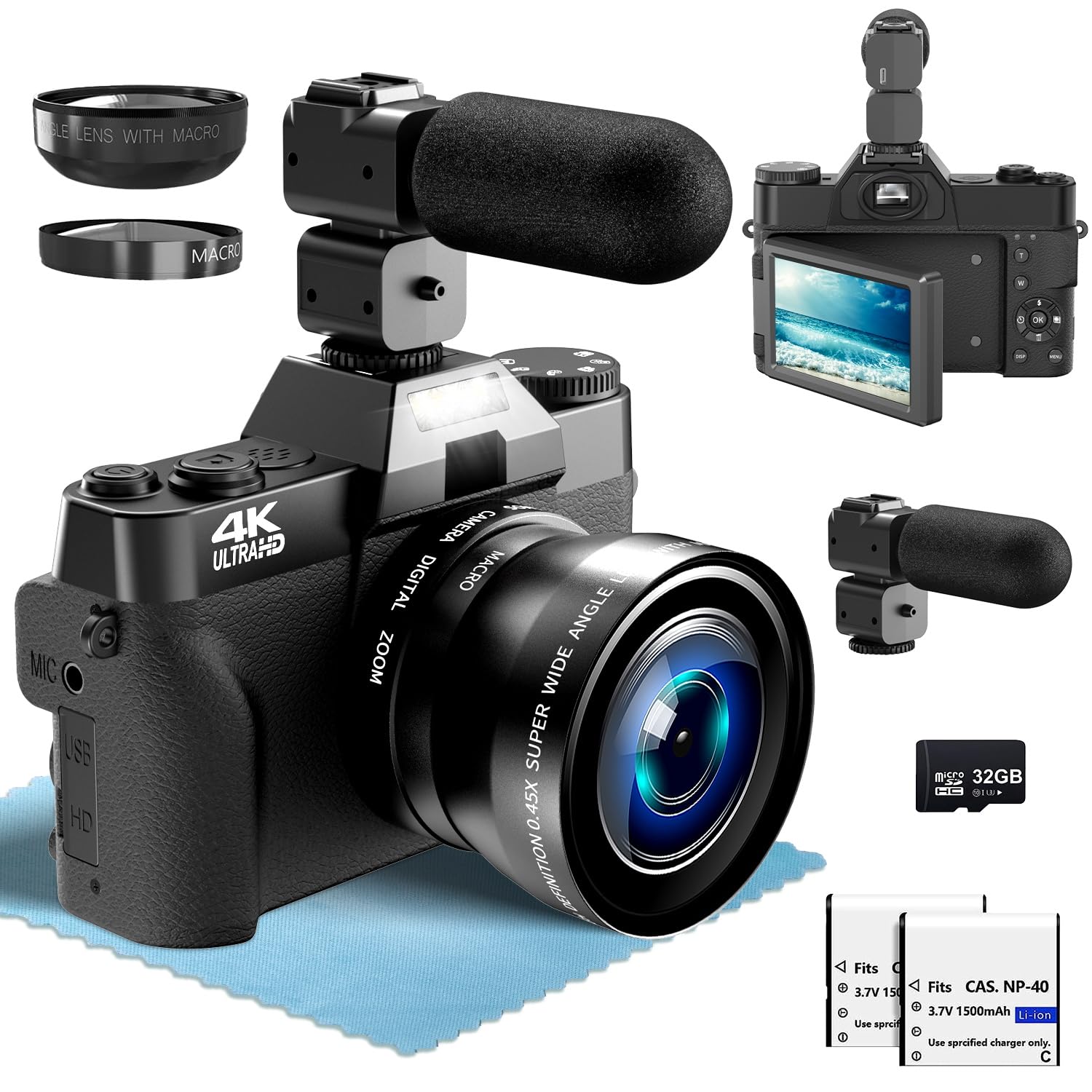 Hojocojo 4KVlogging Camera, 56MP Cameras for Photography,180° Flip Screen, 18X Digital Zoom, 32GB TF Card, 52mm Wide Angle & Macro Lenses,Compact Camera for Beginners