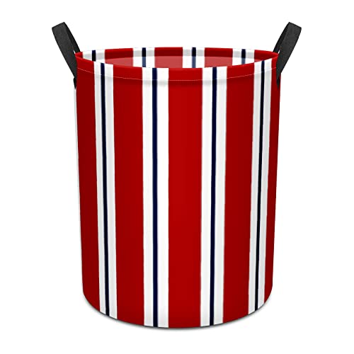 Waterproof Foldable Laundry Hamper with Handles Nautical Blue Red White Striped Round Dirty Clothes Laundry Basket Storage Bin Organizer for Toy Collection