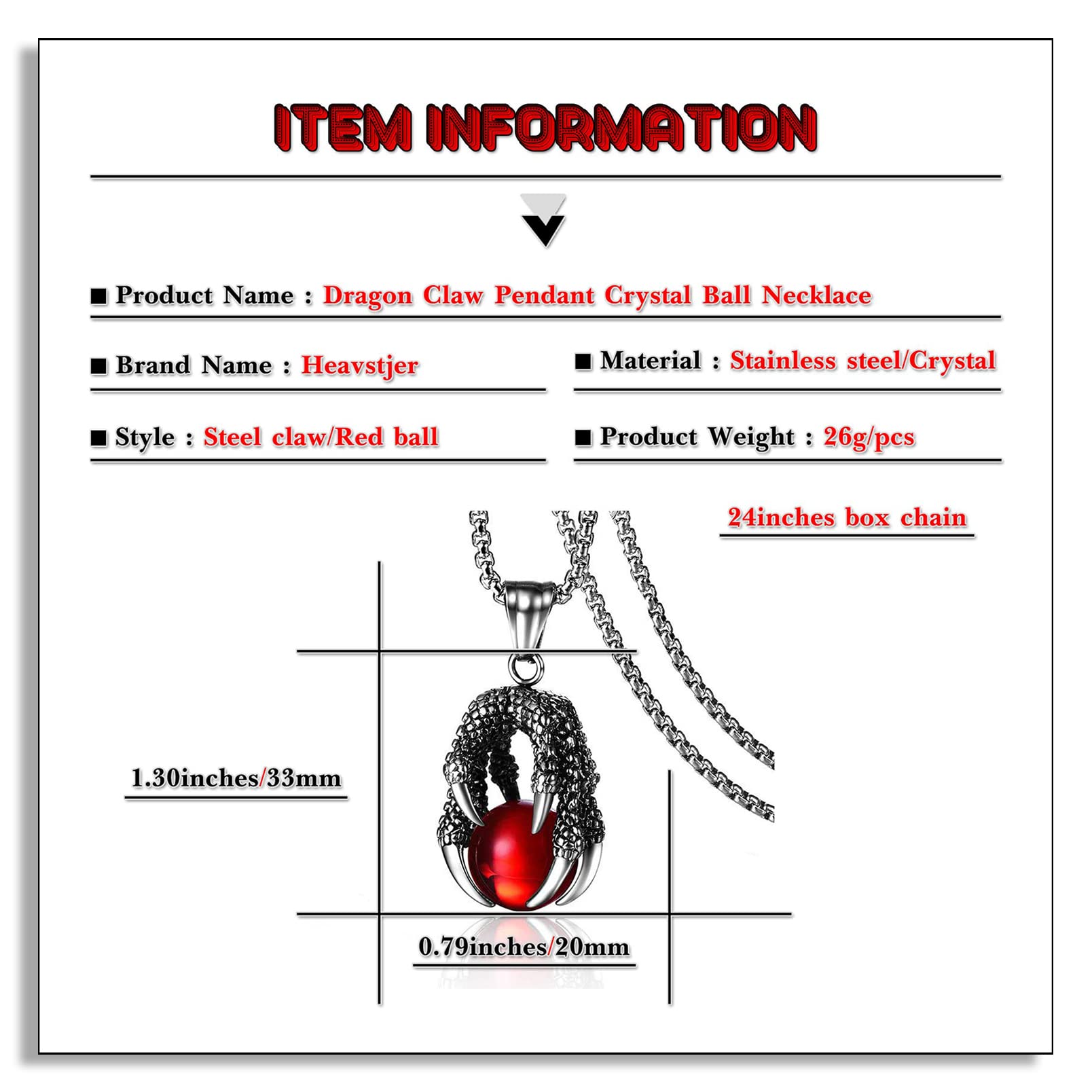 Heavstjer Punk Rock Stainless Steel Dragon Claw Pendant Crystal Ball Necklace,24inches Link Chain (A_Red Ball)