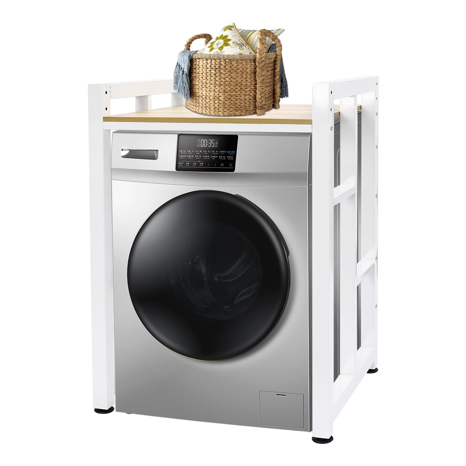 Xuthusman Washer Dryer Stacking Rack Stand, Heavy Duty Over Washer and Dryer Storage Shelves with Adjustable Shelf, Space Saver Storage Shelf for Laundry Room Apartments Bathroom (White+Light Walnut)