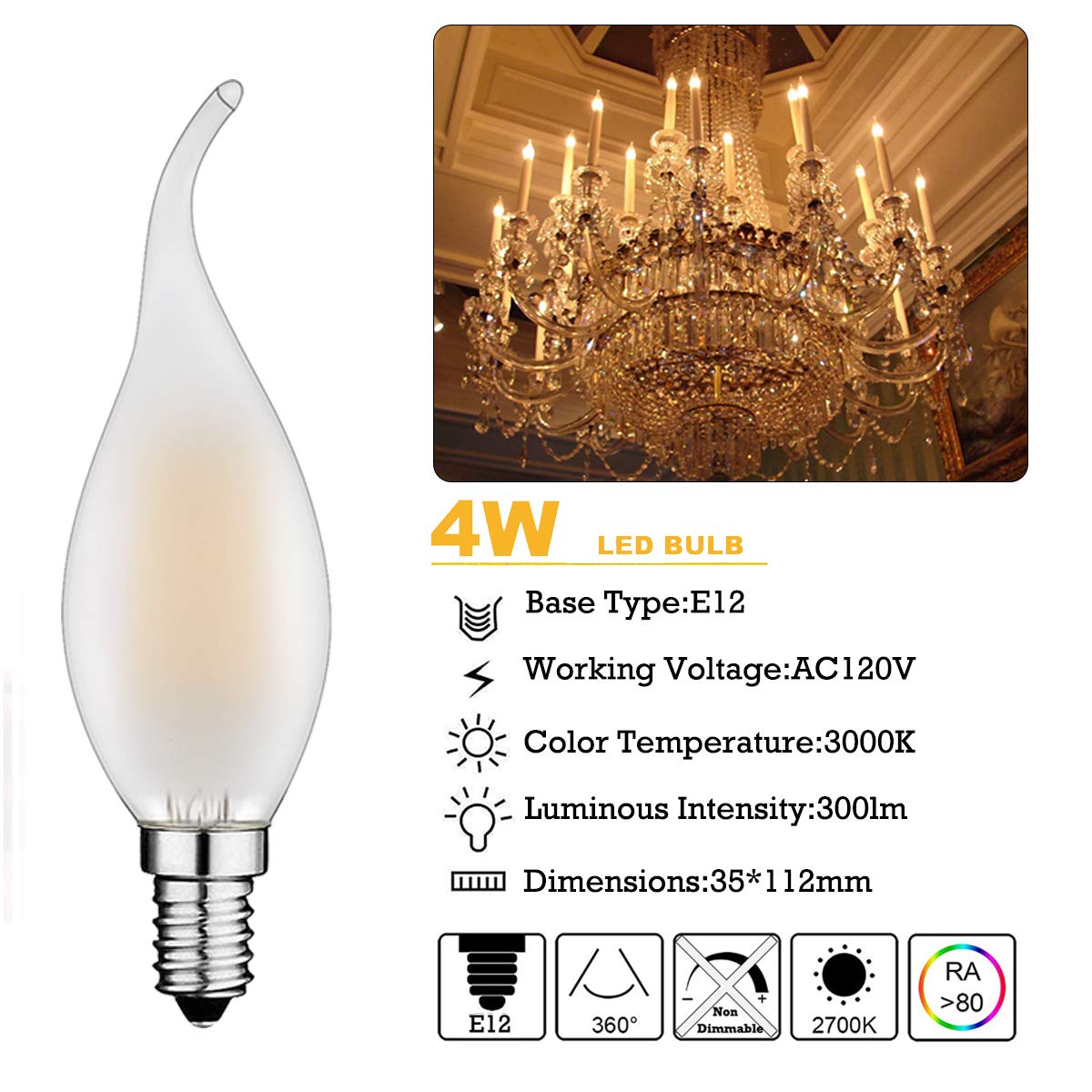 Hnynbe E12 Candelabra LED Bulbs 30 Watt Equivalent, Soft White 3000K, Matte Filament LED Chandelier Light Bulbs 4W, 300lm, Vintage Ceiling Fan Light Bulb with Flame Tip,Non-Dimmable,6 Pack