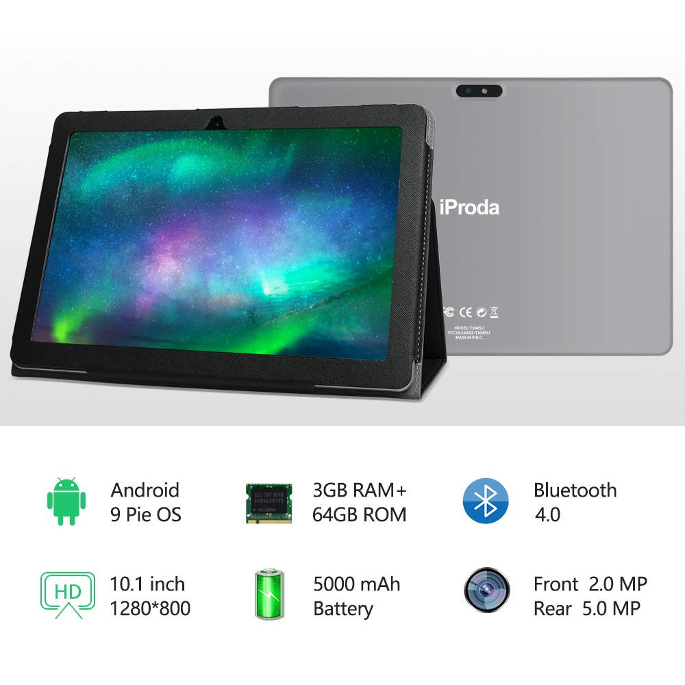 iProda Android Tablet, 10.1 Inch Tablet with HD IPS Display, Android 9.0, 3GB RAM & 64GB ROM, Google GMS Verified, WiFi, Bluetooth, GPS, Camera, Super Slim Design with Metal Shell & Tablet Case