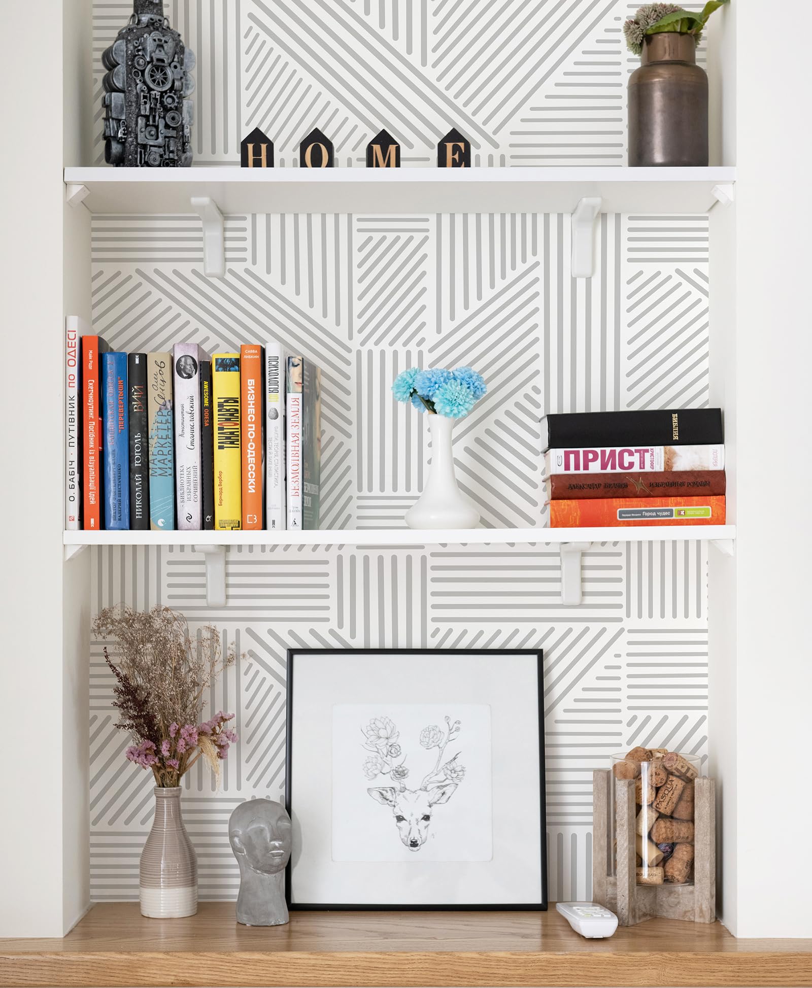 Tomete Gray and White Wallpaper Geometric Wallpaper Peel and Stick Wallpaper Boho Modern Geometric Contact Paper for Cabinets Removable Line Bathroom Wallpaper Waterproof Self-Adhesive17.3βΓ393β