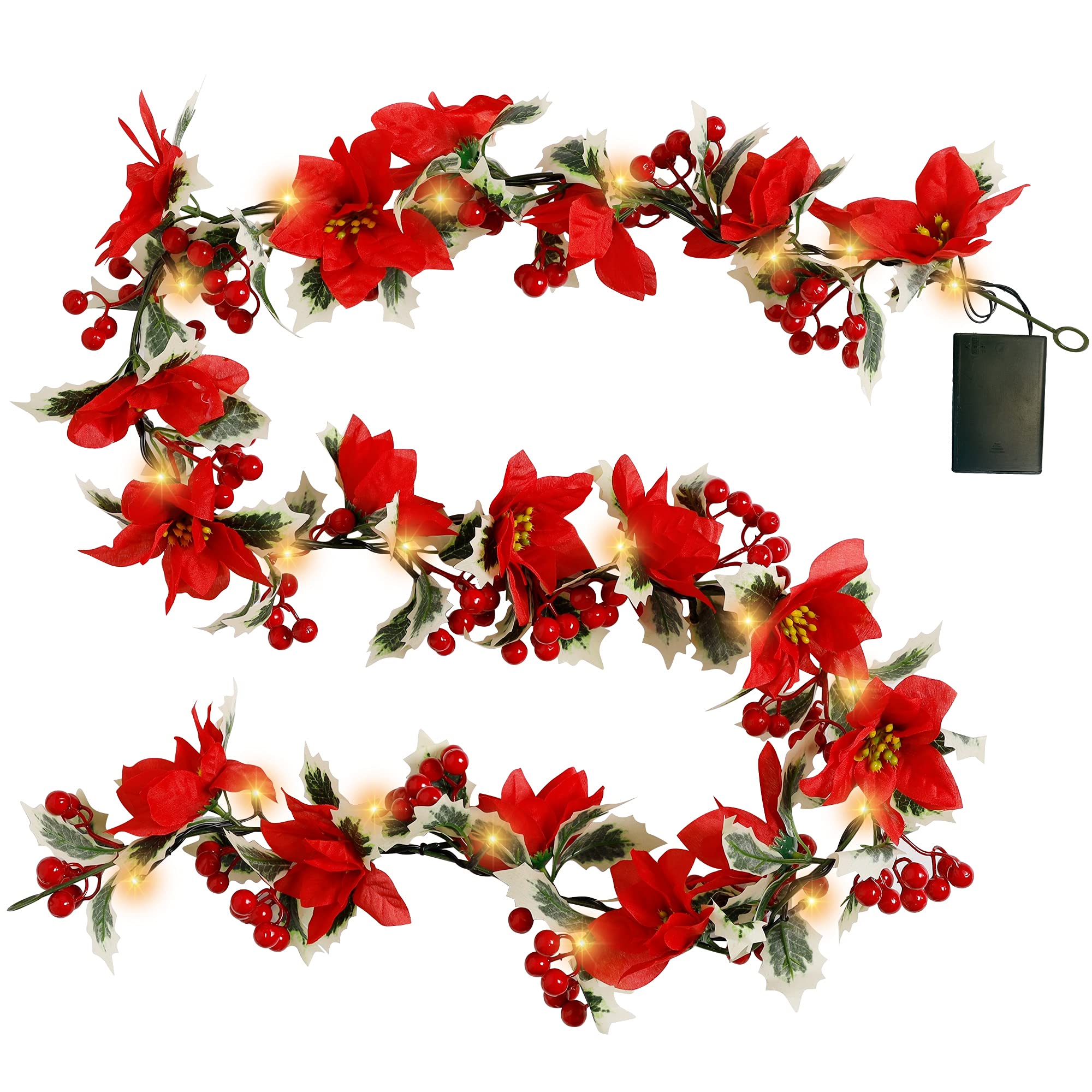 Happy Trees 6 Ft Christmas Garland Lighted Decorations, Artificial Flowers Red Berries Holly Leaves Garlands with Timer, Xmas Ornaments for Indoor Mantle Fireplace Home Decor