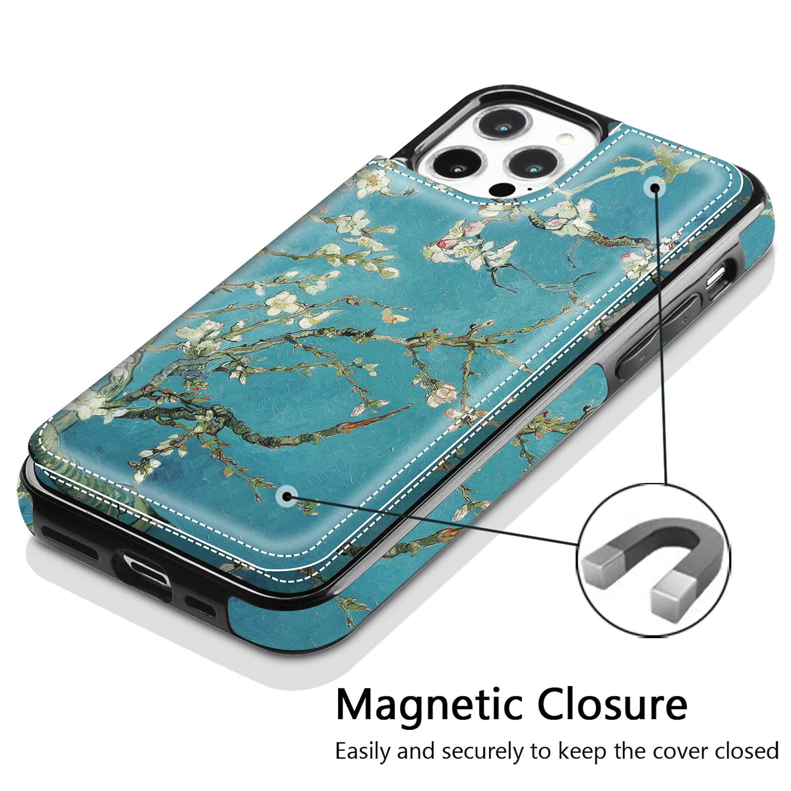 Hoofur for iPhone 14 Pro Case, Slim Fit Premium Leather Wallet Case with Card Holder Slots Shockproof Folio Flip Protective Defender Shell for iPhone 14 Pro 2022 (Peach Blossom)