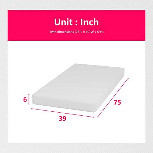 Twin Size Mattress,6 Inch Base Foam Mattress in a Box,Medium-Firm,Pressure Relief&Temperature Regulation,CertiPUR-US Certified,Fiberglass Free,White