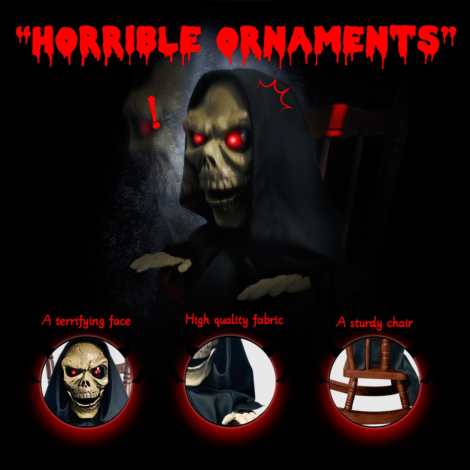 YIGORN Screaming Animated Halloween Decorations, Halloween Decor Prop with Motion Sensor, Cary Skeletons Sitting in Rocking Chairs Decorate Haunted Houses, Rocking Chair Grim Reaper