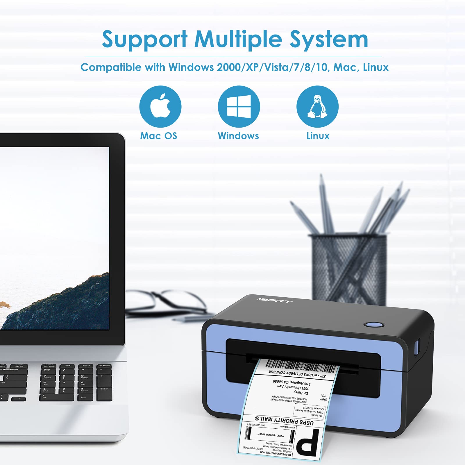 iDPRT Shipping Label Printer - SP410 Thermal Label Printer, Label Printer for Shipping Packages, 150mm/s High-Speed Label Maker for Windows & MAC, Compatible with Shopify, USPS, Amazon & Ebay, Blue