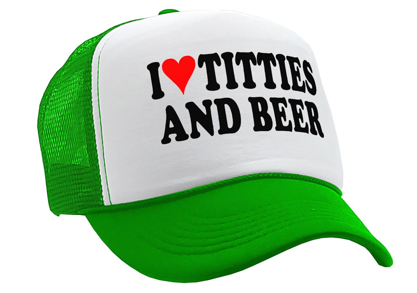 I Heart Titties and Beer - Love Funny Gag - Vintage Retro Style Trucker Cap Hat (Neon Green)