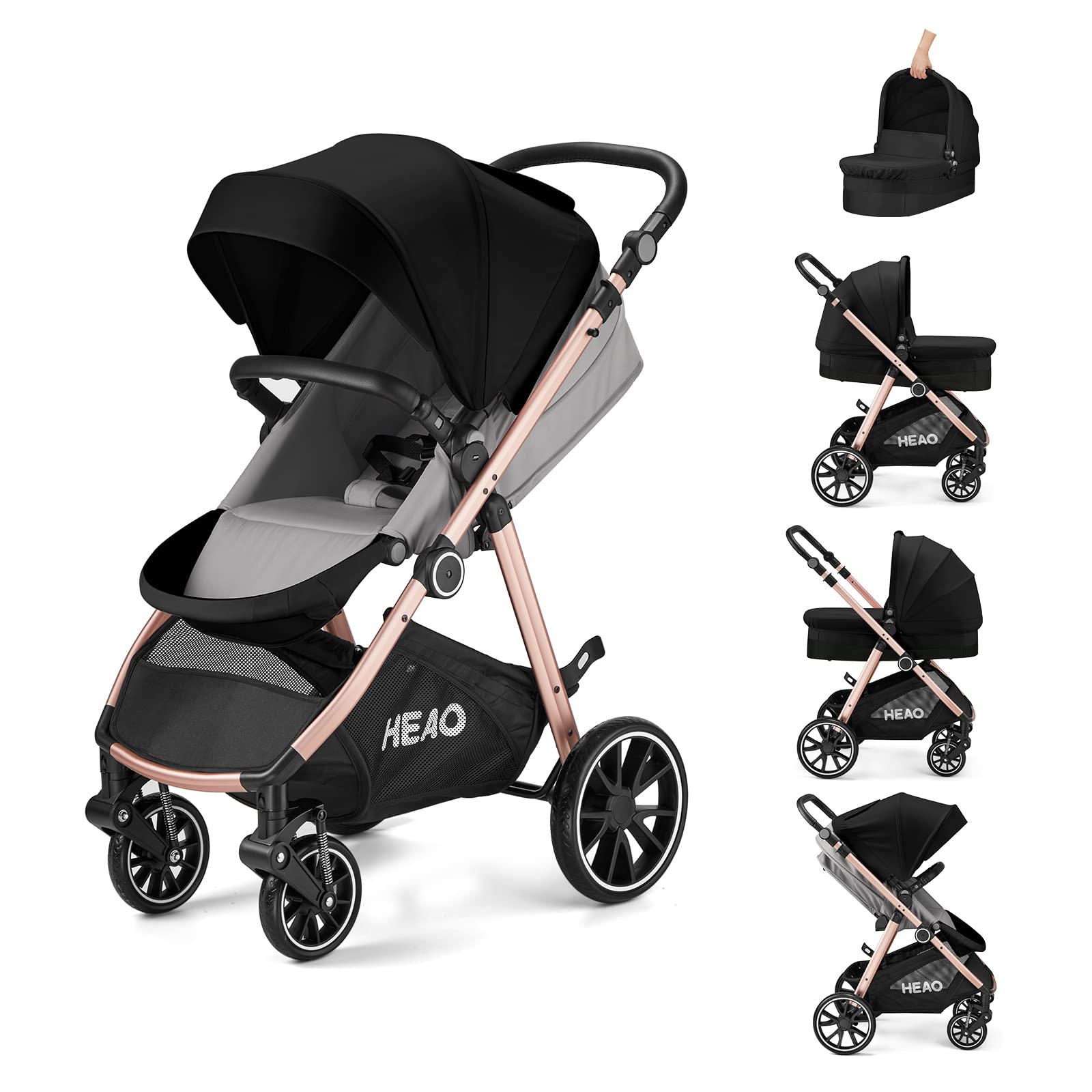 HEAO Baby Stroller Bassinet Carriage Combo 360 Rotation 4-in-1 Shock-Resistant High Landscape Pram Infant Stroller for Newborn and Toddler,Black