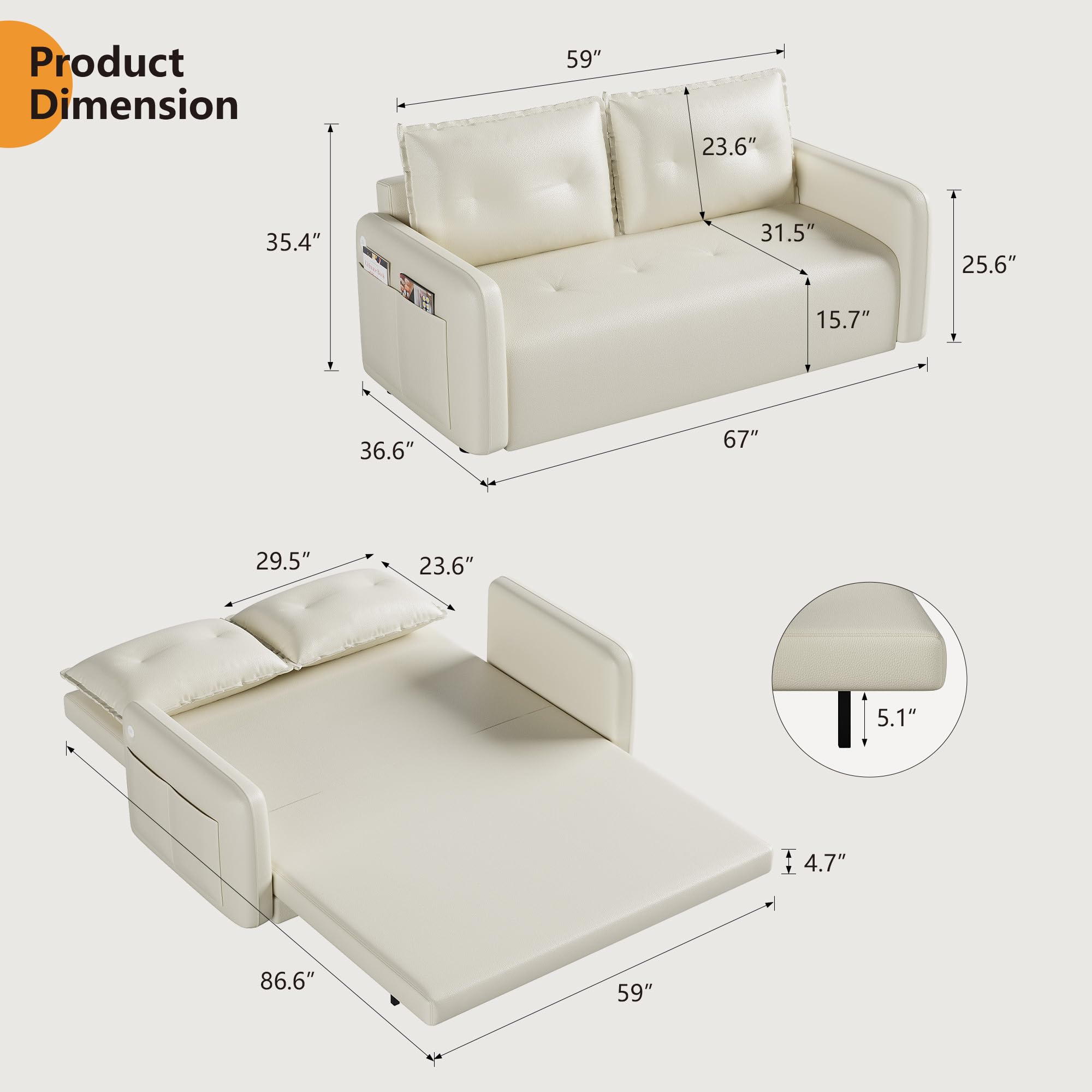 Sofa Bed Couch,3 in 1 sleeper sofa couch with pullout bed,Convertible sofa bed with 2 USB and 1 Type-C Charging Port,4 storage Pockets and 2 soft Pillows,Adjsutable Loveseat for Living Room,White