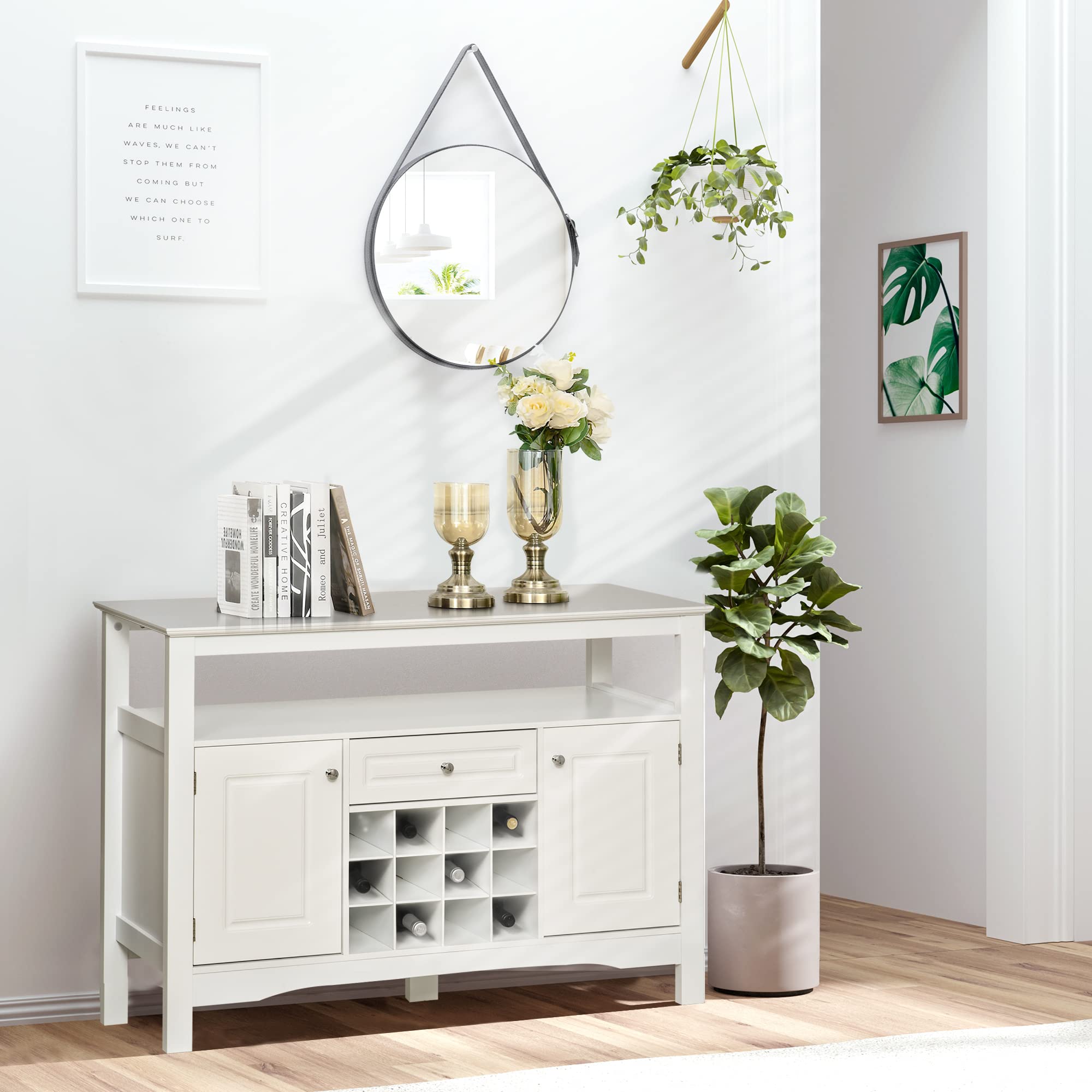 HOMCOM Coffee Bar Cabinet, Modern Sideboard Buffet Cabinet, Wine Cabinet with Drawer and 12-Bottle Wine Rack for Living Room, White