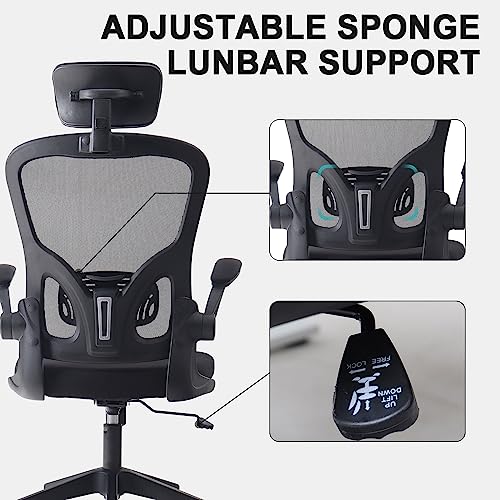 SUKIDA Office Chair with Headrest - Ergonomic Office Chair with Neck Support, Black Mesh Computer Desks Chairs Wheels Back Support Back Pain Comfortable Flip Up Arms Comfy for Home Bedroom