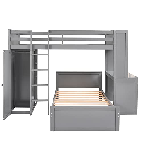 Twin Size Loft Bed with Desk and Wardrobe, Wood Loft Bed Frame with Storage Shelves and A Stand-alone Bed, Twin Over Twin Bunk Bed Frame for Kids Teens Adults (Bottom Bed Can Be Moved, Gray)