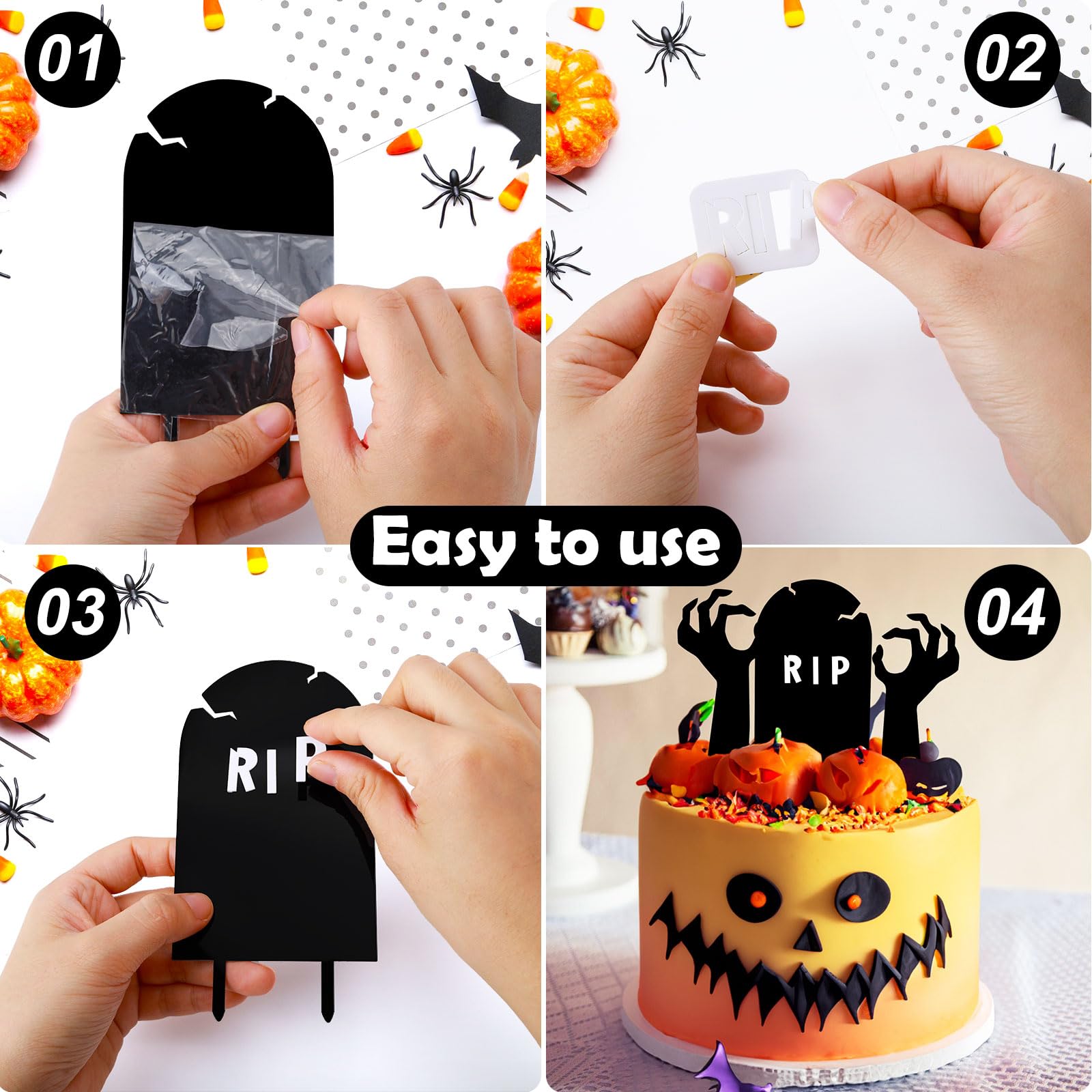 Halloween Cake Toppers Horror RIP Tombstone 3pcs Classic Black Ghost Hand Cake Toppers Halloween Cake For Creepy Theme DIY Birthday Wizard Spider Ghost Party Cake