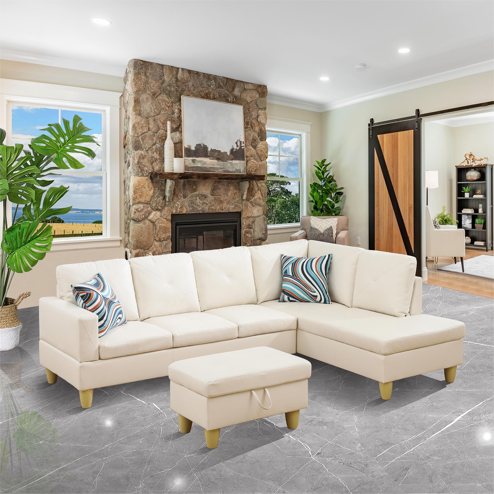 ROCKINGRUN 97" L-Shape Faux Leather Modular Sectional Sofa with Right Chaise and Storage Ottoman, 6-8 Seater Upholstered Button Tufted Modern Couch Set for Living Room, Office, Apartment (Beige)