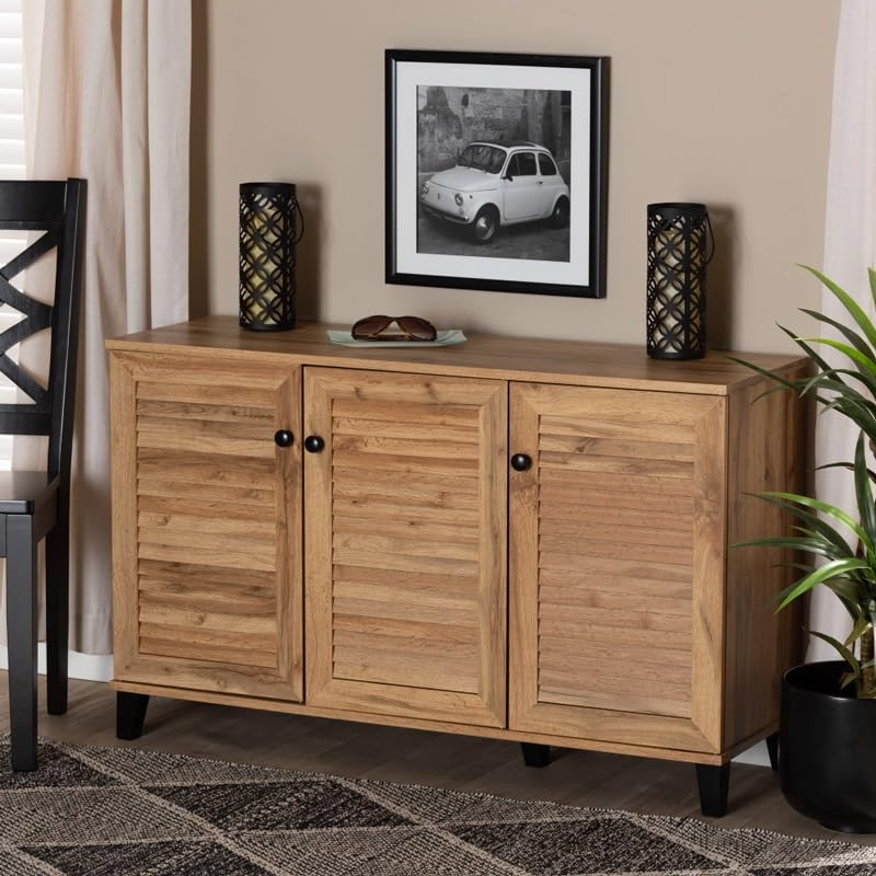 HALOU Shoe Cabinet Oak Finished Wood Three Doors Breathable Shoe Cabinet Foyer Corridor Furniture