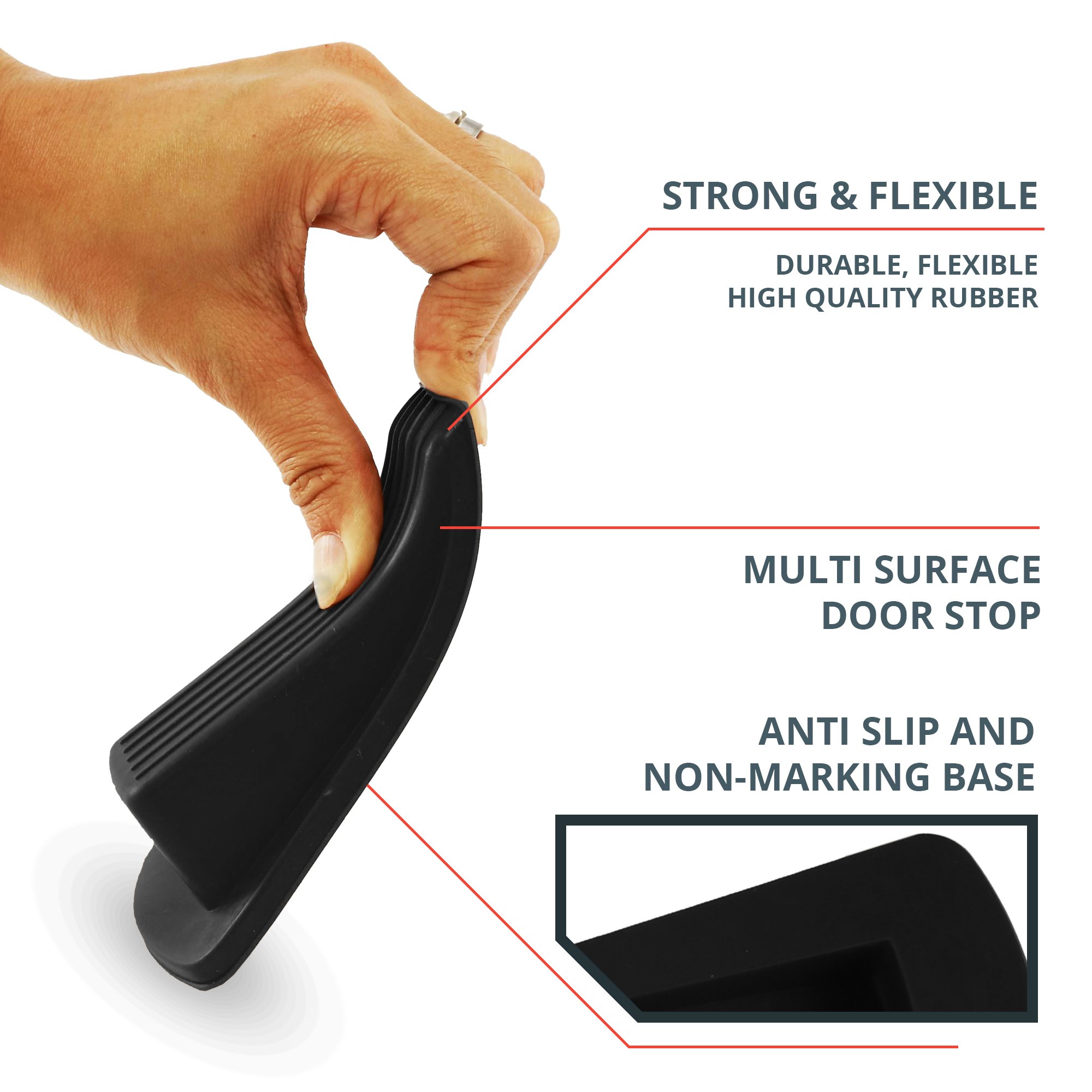 Home Premium Door Stoppers for Bottom of Door, Rubber Door Stop Wedge (4 Pack, Black)