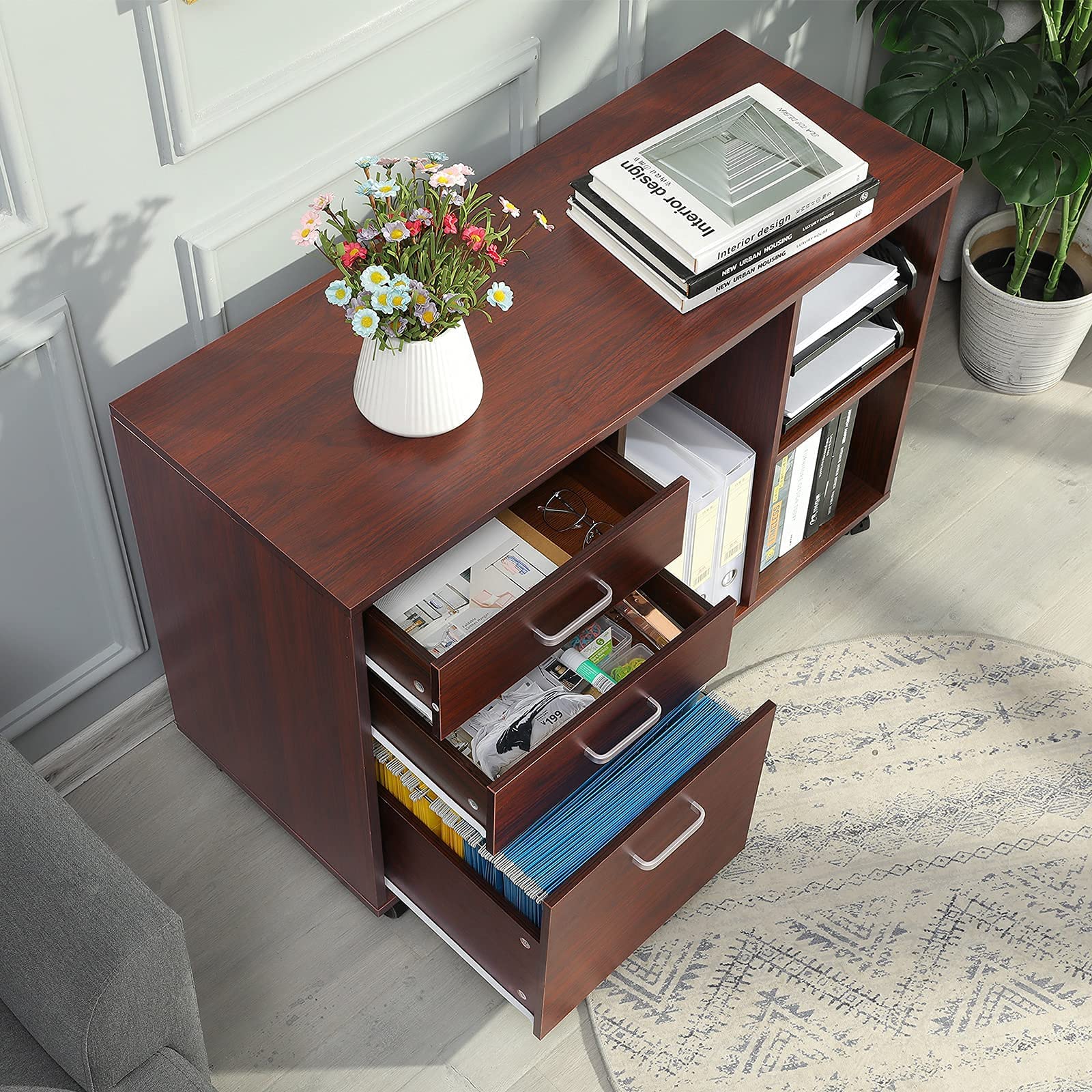 Itaar 39" Wood File Cabinets for Home Office 3 Drawers, Office Printer Stand with Storage, Rolling Lateral Filing Cabinet on Wheels, Cherry Red