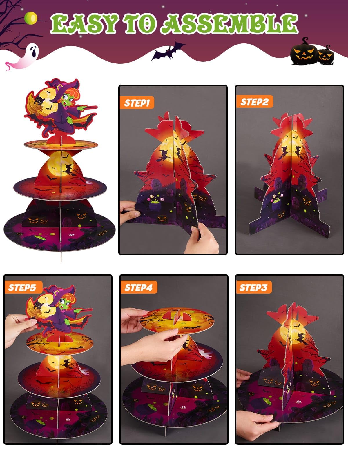 Halloween Cupcake Stand - 2 PCs Halloween Cake Stands Halloween Party Cupcake Decorations Disposable 3 Tier Tray Cake Decorations Kids Witch Halloween Birthday Dessert Tower Cupcake Display Stand