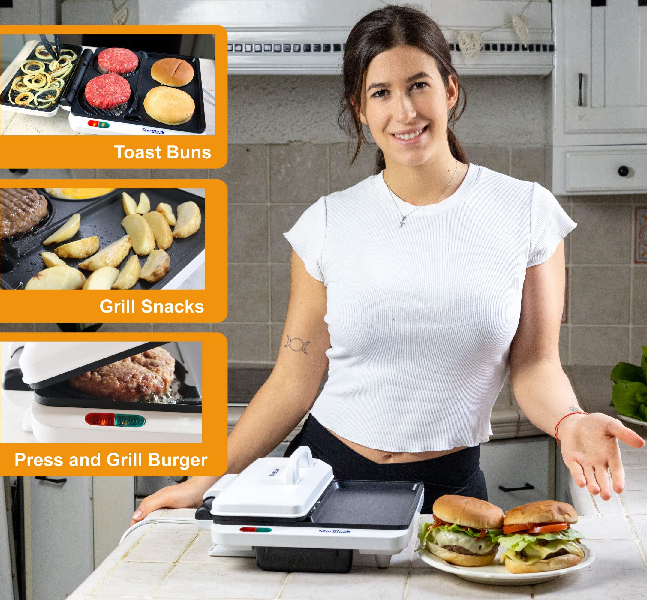 Hamburger Grill Maker by StarBlue with FREE Burger Press and Recipes eBook - Portable and Multipurpose Machine AC120V 60HZ 1000W