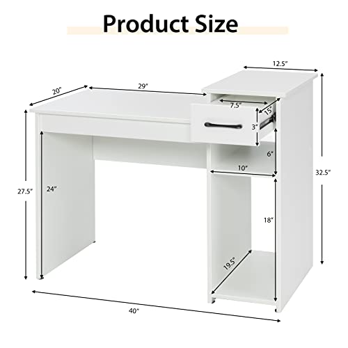 STAKOL White Desk with Drawers, Compact Study Writing Table, PC Laptop Workstation with CPU Stand & Shelves, Computer Desk for Small Space Home Office (White)