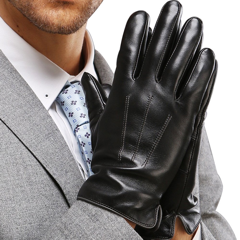 Harrms Leather Gloves for Mens, Full-Hand Touchscreen Mens Warm Cold Weather Gloves for Texting Driving Gift (M-8.5"(US Standard Size), BLACK)