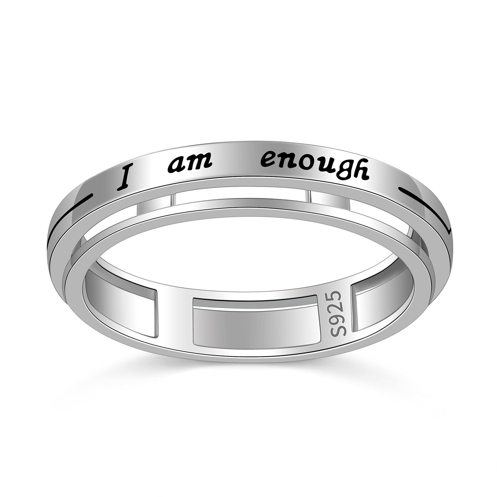 I am Enough Fidget Spinner Ring for Women 925 Sterling Silver Heart Beat Matching Engagement Promise Dainty Anxiety Rings, US Size 8