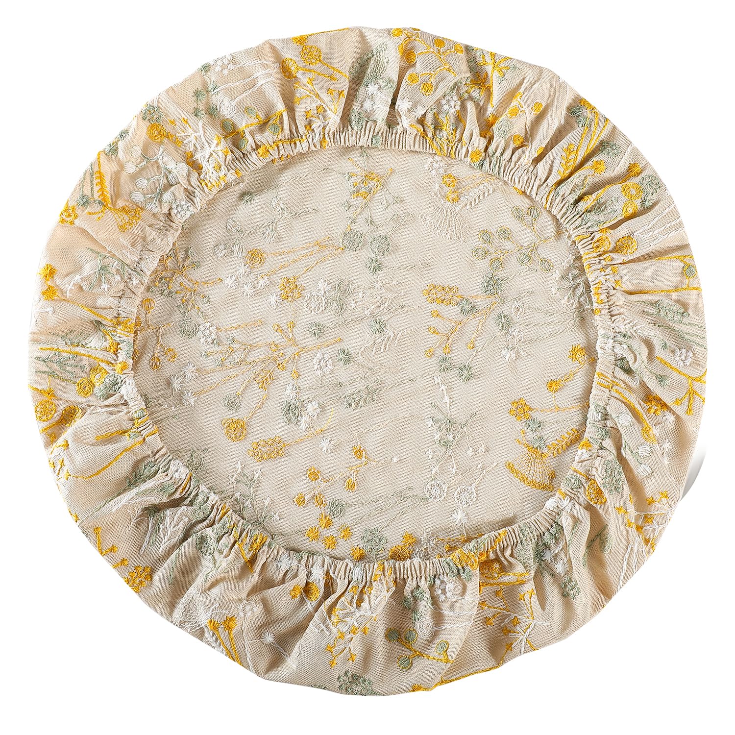 Slyitokbhr Reusable Bowl Covers for Bread Proofing Baking Embroidered Dandelion Linen Cotton Cloth Fabric Washable with Elastic Cover for Food Fruit Salad Eco-friendly (Beige Dandelion)