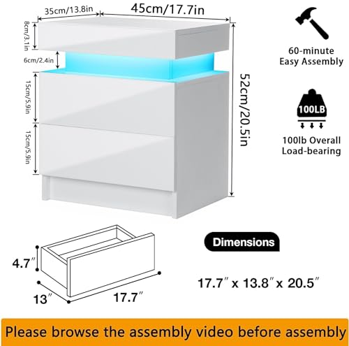 HOMMPA LED Nightstand White Nightstand with Led Lights Modern Night Stand with 2 High Gloss Drawers Led Bedside Table Smart Nightstand for Bedroom 20.5β Tall