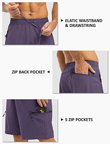 TBMPOY Men's Hiking Shorts with 5 Zip Pockets 9'' Lightweight Outdoor Work Athletic Short for Men Travel Running Purple Grey XXL