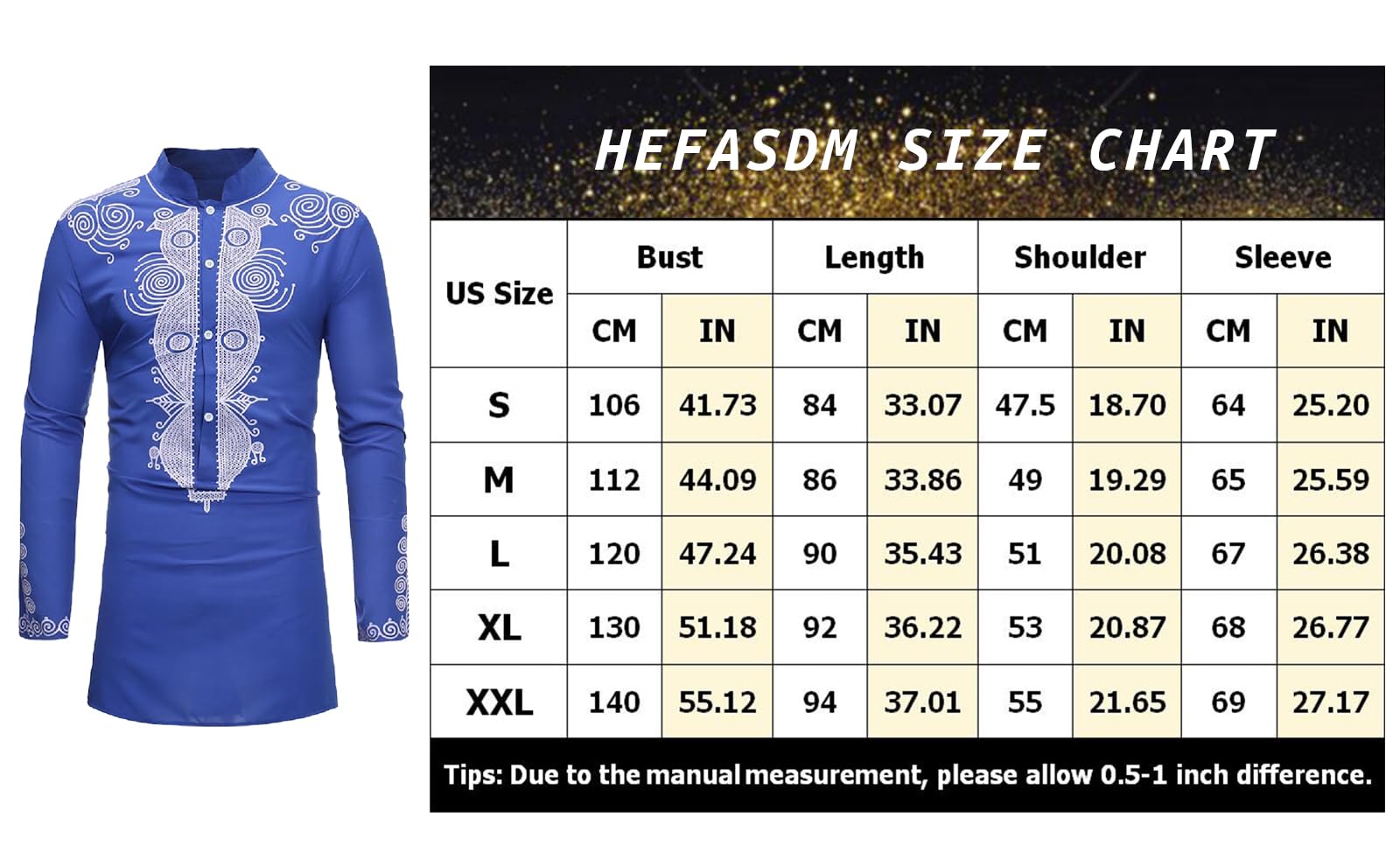 HEFASDM Men's Long Sleeve African Dashiki Traditional Gold Print Button Down Shirts Blue L