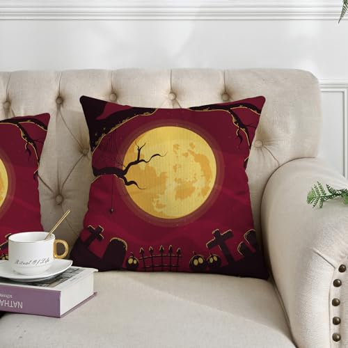 Halloween Moon Pillow Covers Cute Ghost Pumpkin Moon Living Room Bedroom Dorm Pack of 2 Washable Soft Linen Pillow Covers Couch Decorative,red,18x18 Inch