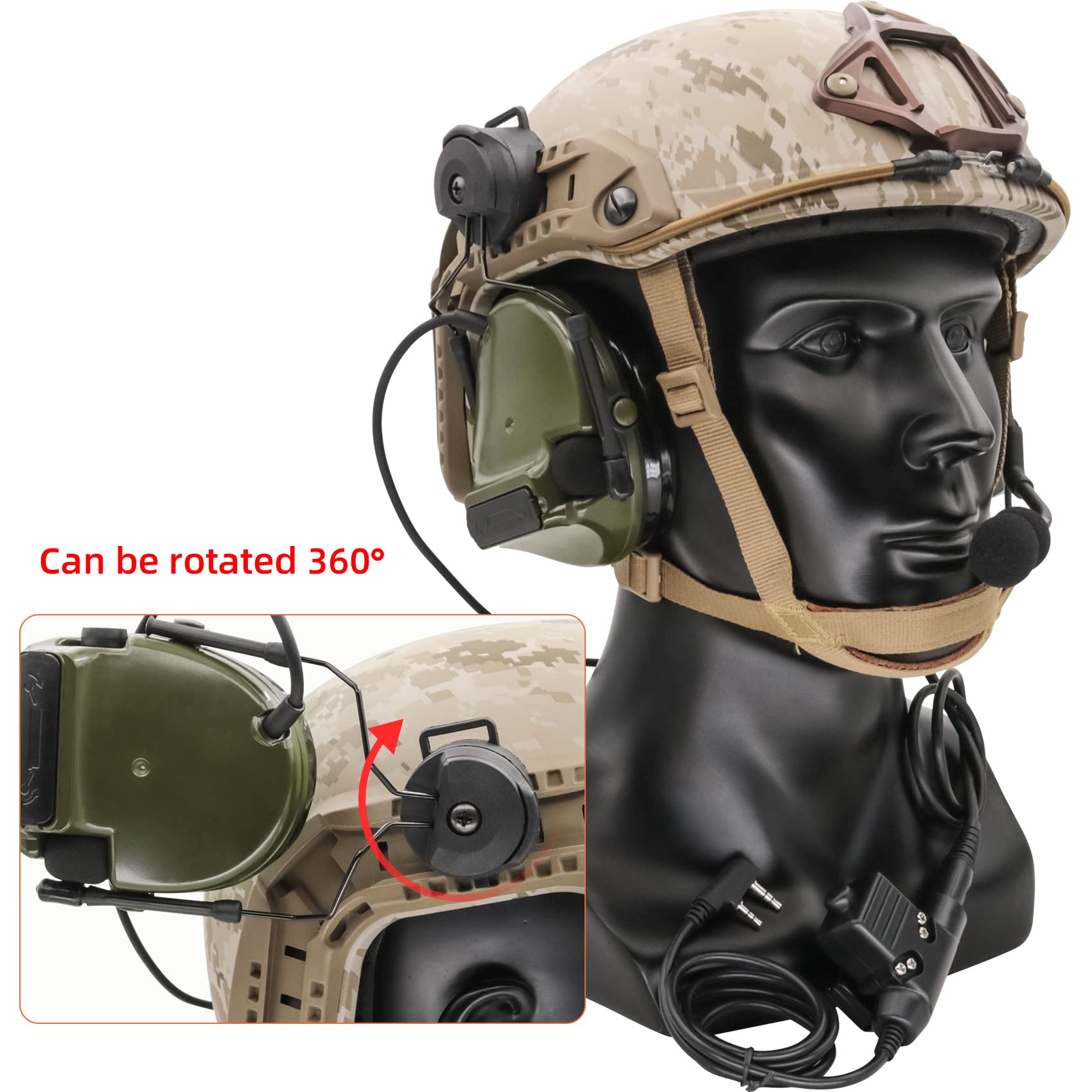HEARFALCOM Tactical Comta III Headset Helmet ARC Rail Adapter Bracket Version with U94 PTT Adapter Compatible with Baofeng UV-5R, UV-82 Walkie Talkie for Airsoft Sports(FG)