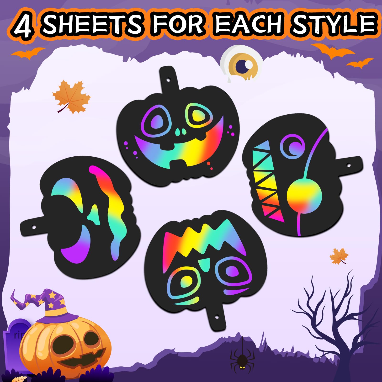 Halloween Scratch Paper Art for Kids - 48 Pcs DIY Rainbow Scratch Paper Off Cards Set for Kids Crafts Arts Supplies Class Birthday Holiday Party Activity Gift