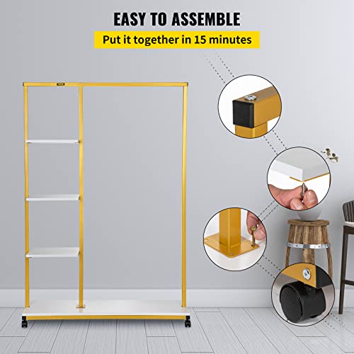 VEVOR Clothing Garment Rack, 39.4"x14.2"x59.1", Heavy-duty Clothes Rack w/Bottom Shelf & Extra 3 Side Shelves, 4 Swivel Casters, Rolling Clothes Organizer for Laundry Room Retail Store Boutique, Gold