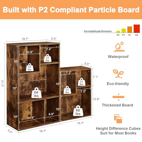 VECELO Wide 8-Cube Wood Organizer Bookcase Sets, Fits Tallest Hardcovers, 3-Tier Customized Storage Display Shelf, Free Standing for Living Room, Bedroom, Kids Room, Office, Brown