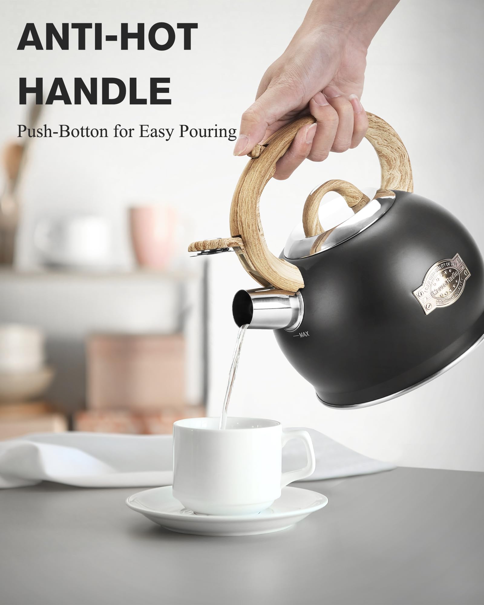 Hauce Radio Tea Kettle Stovetop, Black Tea Kettles-2.1 Quart Loud Whistle Stovetop Teapot,Food Grade Stainless Steel with Wood Pattern Handle, Unique Button Control Kettle Outlet for Tea, Coffee