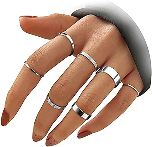 HAIAISO 10 Pcs Knuckle Rings Set Stainless Steel Ring Simple Smooth Finger Silver Stackable Rings Set for Women Plain Band Rings…