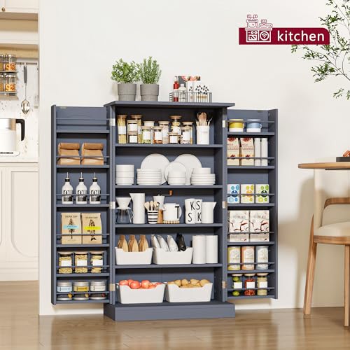 HOME BI Kitchen Pantry, Kitchen Storage Cabinet Cupboard with Doors and Adjustable Shelves for Dining Room Living Room, Grey